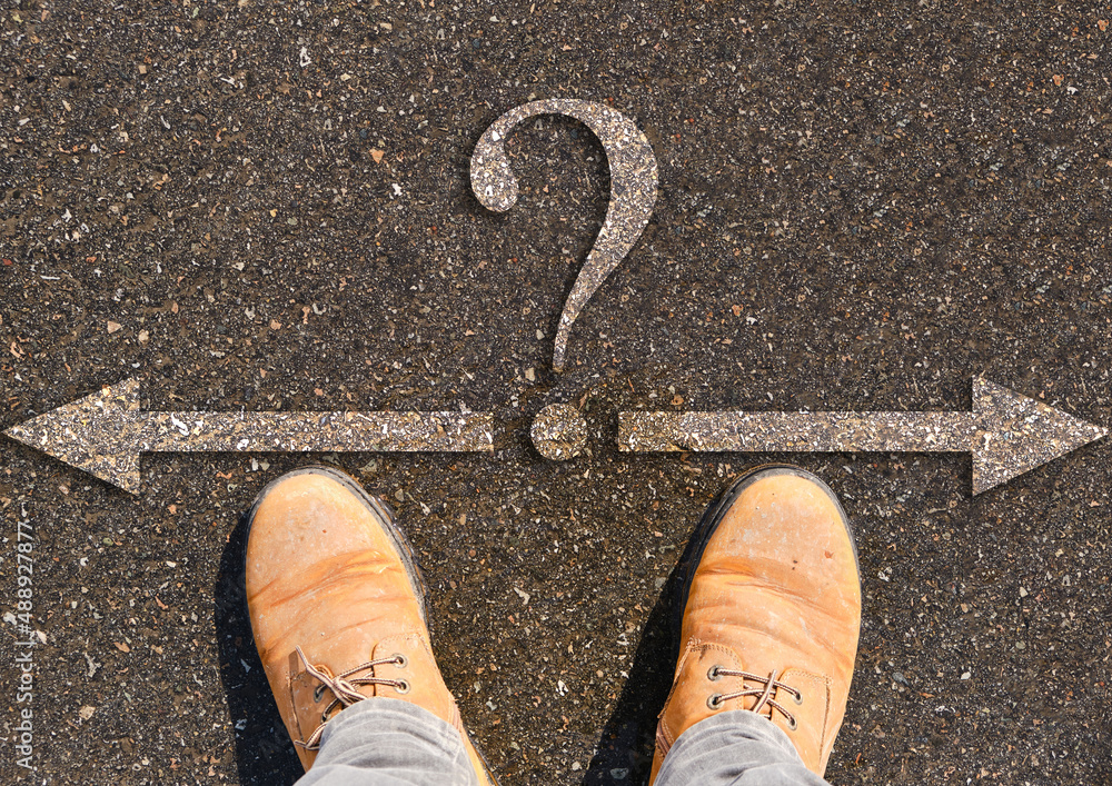 Human legs in batinki and two directions right and left with question ...