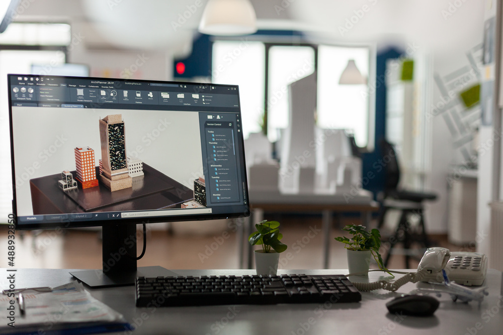 Computer display with 3d render software of architectural building ...