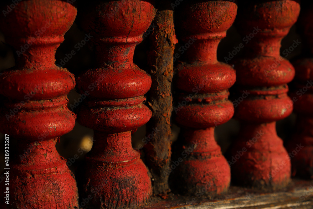 Old wooden red color railings. Traditional Wooden Railings Stock Photo ...