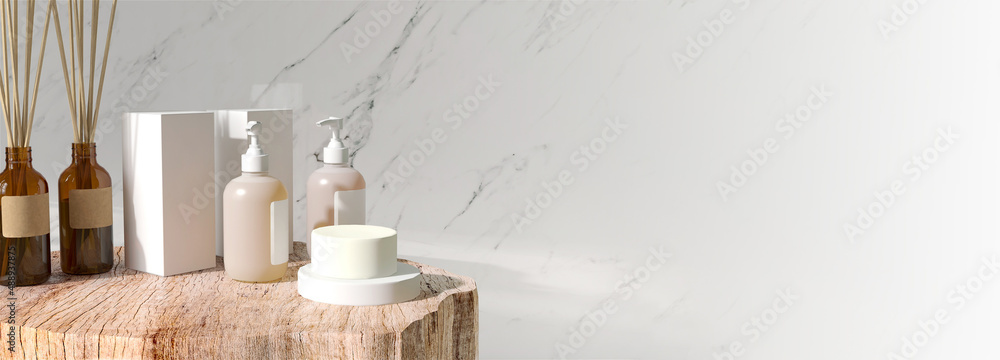 3D render mock up. A set of Soap bar, lotion containers and aroma Oil ...