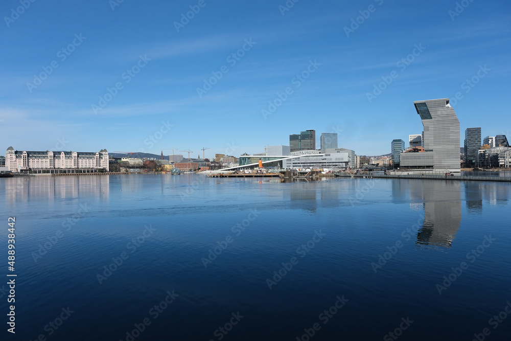 Harbor promenade with shops, restaurants, city hall and modern ...