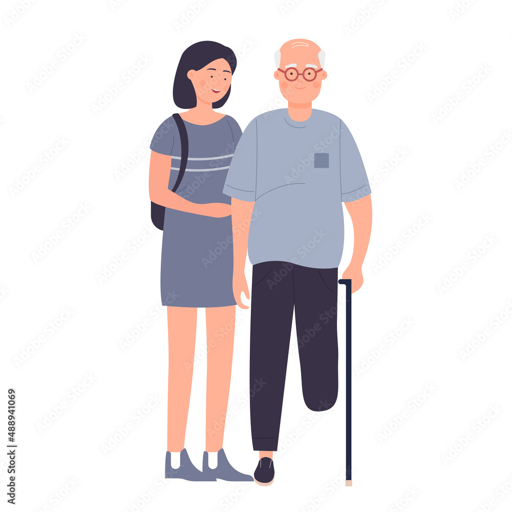 Girl supporting senior man with amputated leg. Sympathy and helping ...