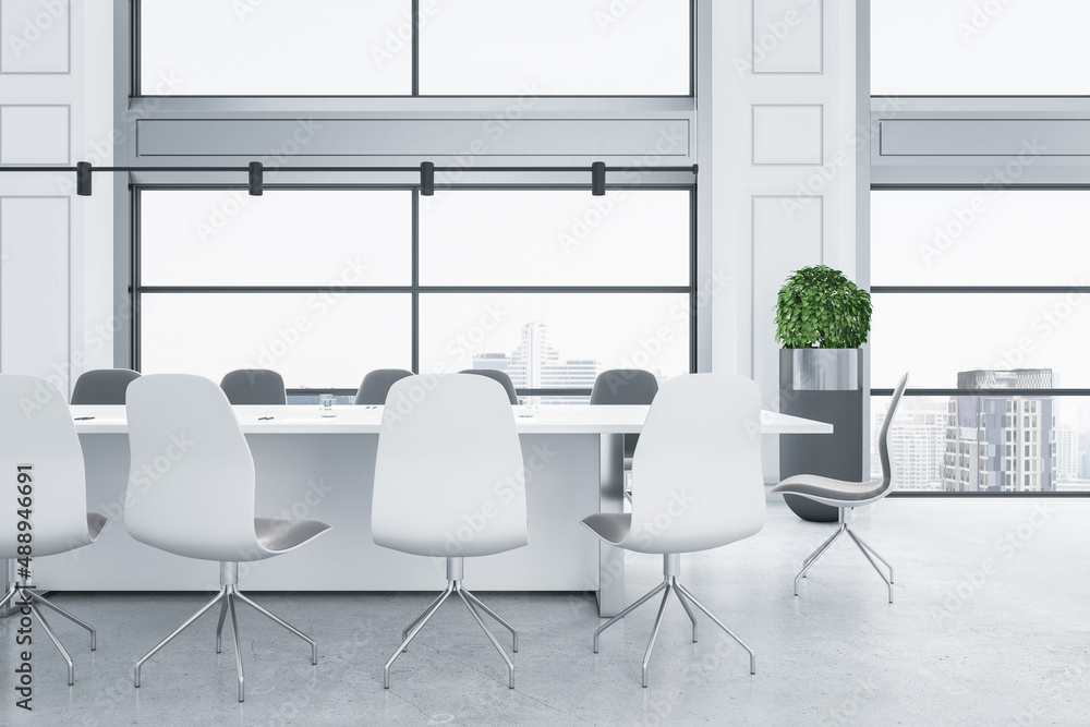 Airy modern all-white conference room with light chairs around meeting ...
