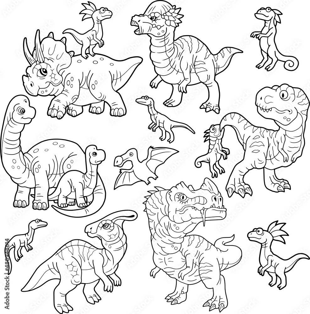 cartoon cute prehistoric dinosaurs, picture set, coloring book Stock ...