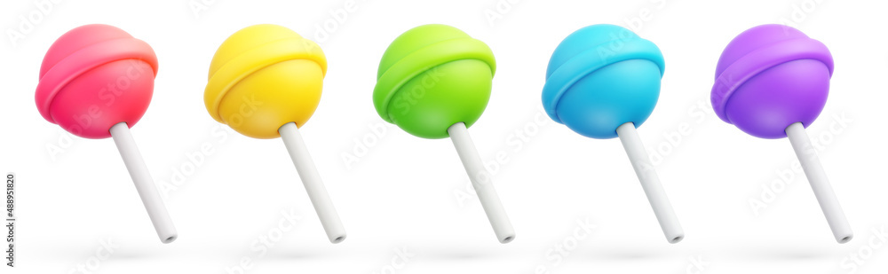 Set of colorful sweet cute lollipops. Round multicolored candies on ...