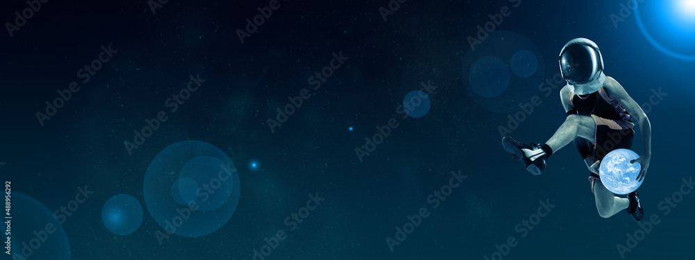 Slam dunk. Composition with basketball player in helmet on outer space ...