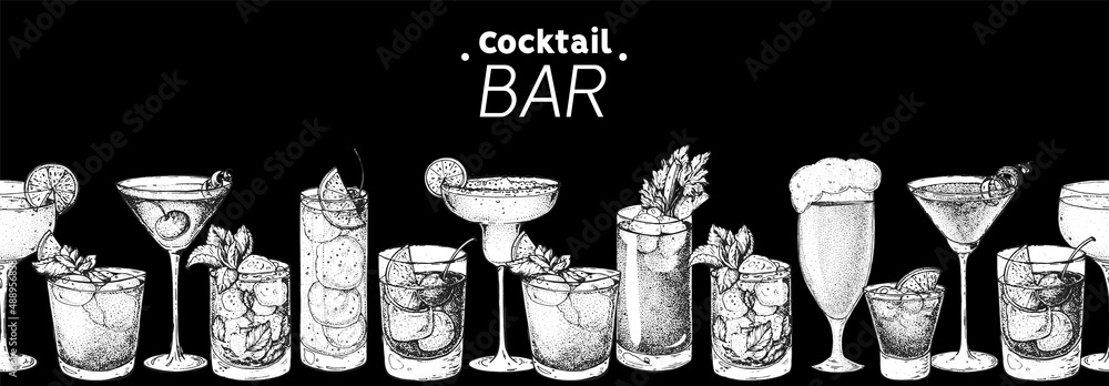 Alcoholic Cocktails Hand Drawn Vector Illustration Cocktails Set Bar