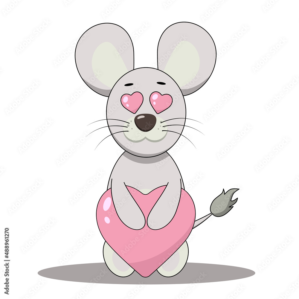 Cute little mouse in love holding a heart vector illustration. Gray ...