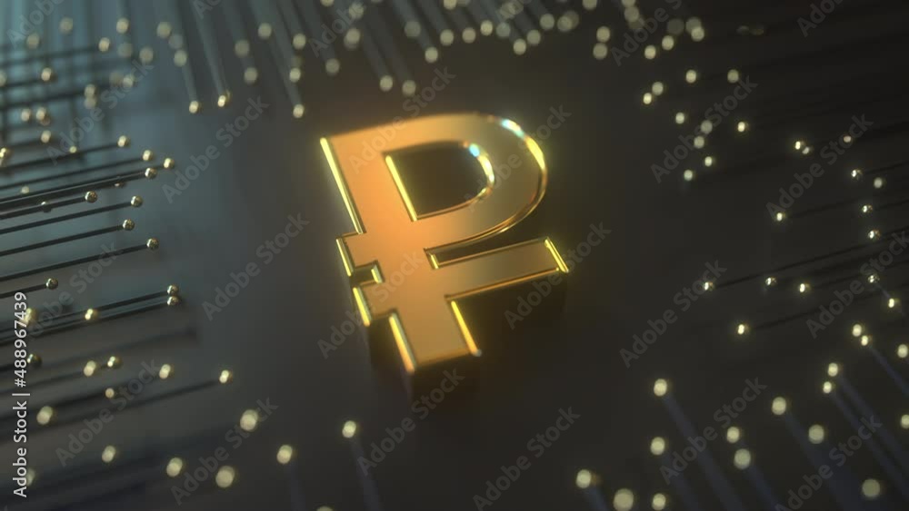 Golden ruble symbol on premium black technologic background. Conceptual ...