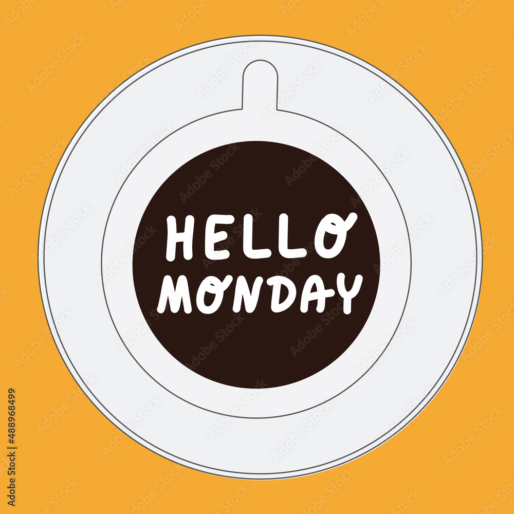 Cup or mug with black coffee on plate button icon orange phrase Hello ...