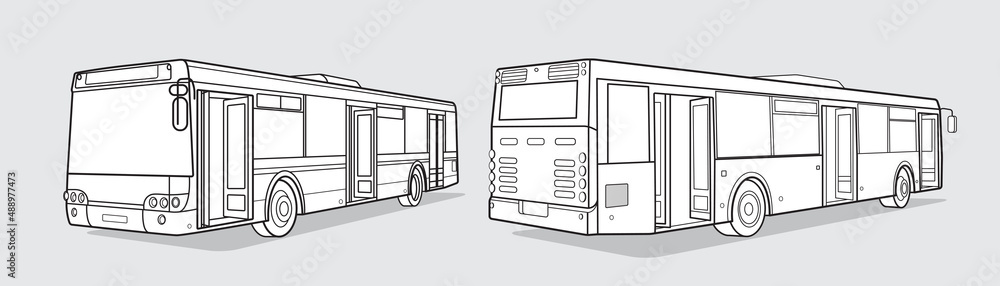 Black outline transport illustration, bus front and back image on white ...