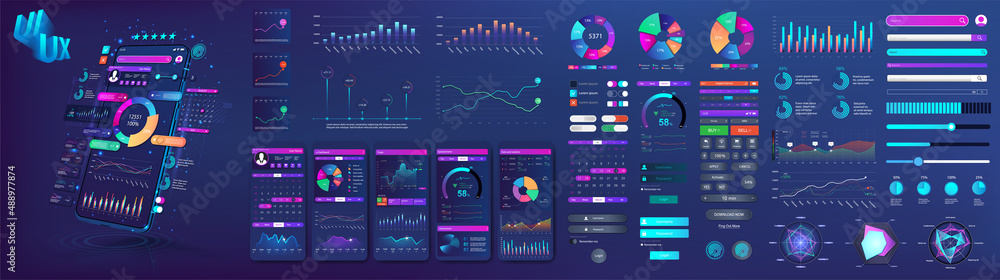 Modern UI, UX, KIT and Web elements set. Infographic, charts, statistic ...