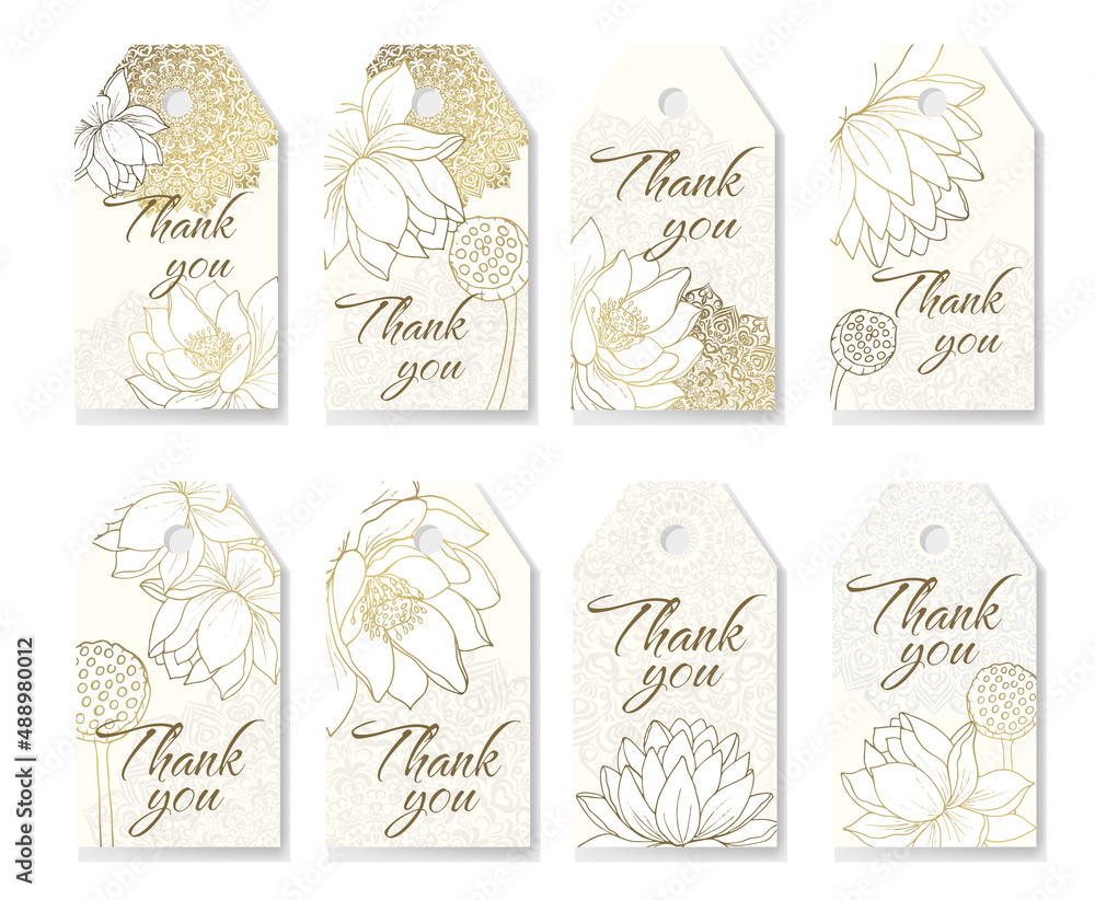 A large Set of golden contour lotuses and mandala is made in the form ...