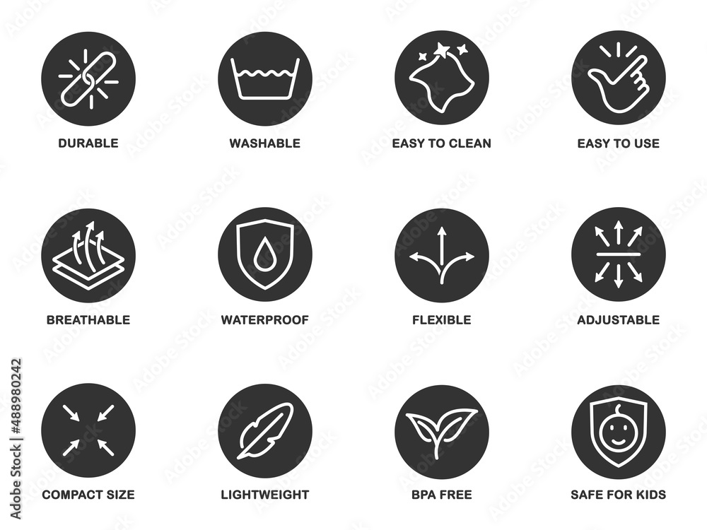Material properties icons set. Fabric feature symbols. Vector ...