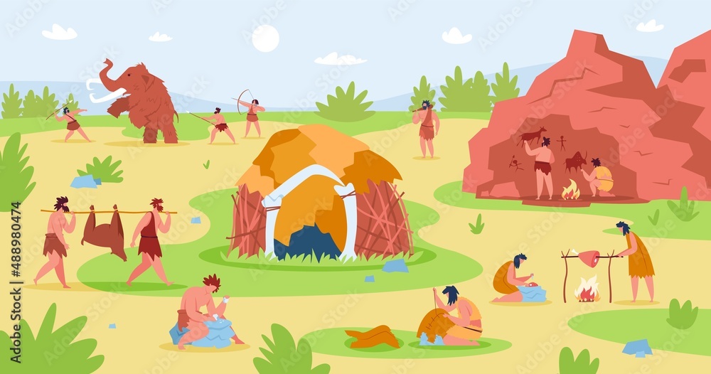 Vetor de Primitive people life scene, stone age characters lifestyle ...