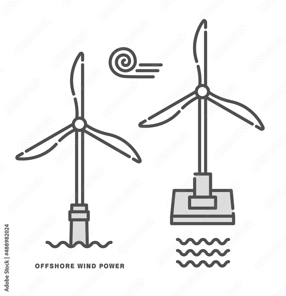 洋上風力発電と風力発電のイラスト。アイコンセット。 เวกเตอร์สต็อก | Adobe Stock