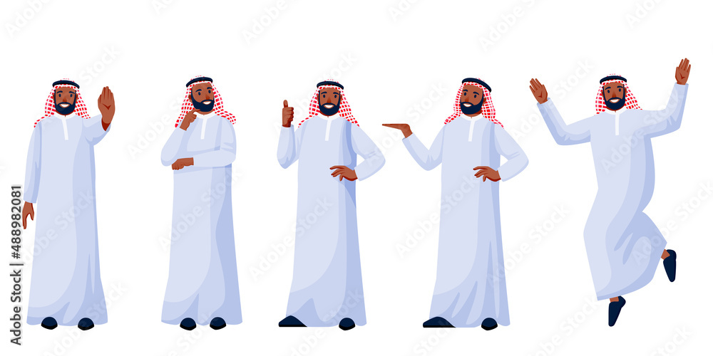 Arab young happy men in traditional clothing in different poses. Arabic ...