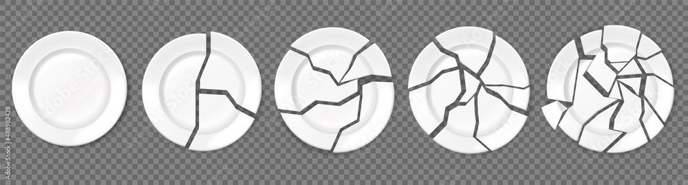 Broken plates, shattered food plate, cracked porcelain dishes ...