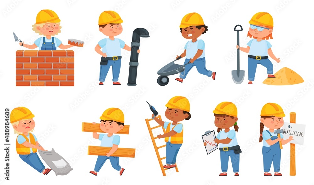 Cute little builders in uniform, kids with construction tools. Cartoon ...