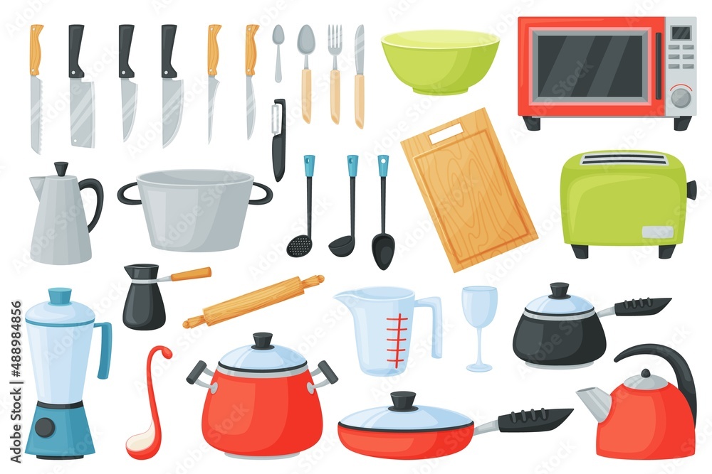 Cartoon kitchen utensils, cooking tools and appliances, kitchenware ...