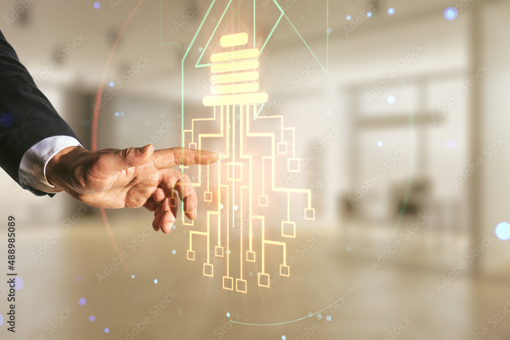 Developer's hand clicks on virtual creative light bulb illustration ...