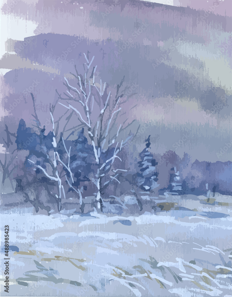 Watercolor vector drawing of winter landscape with frozen trees and grass on cold cloudy day ...