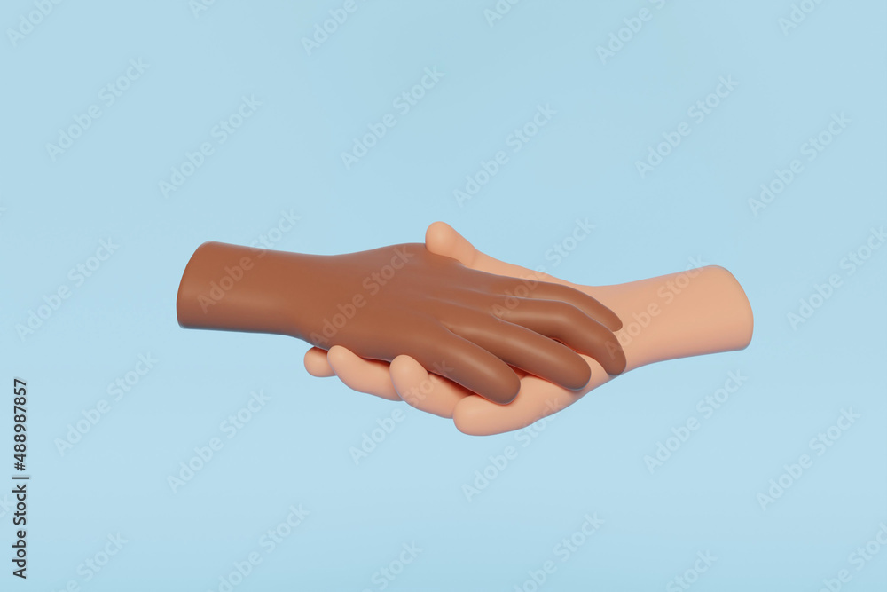 3d render the hand of a dark-skinned man lies in the hand of a light ...