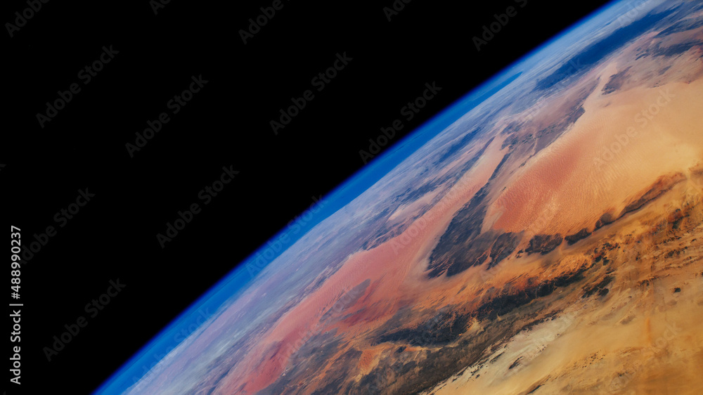 Earth horizon photo from outer space on a black background, The Libyan ...