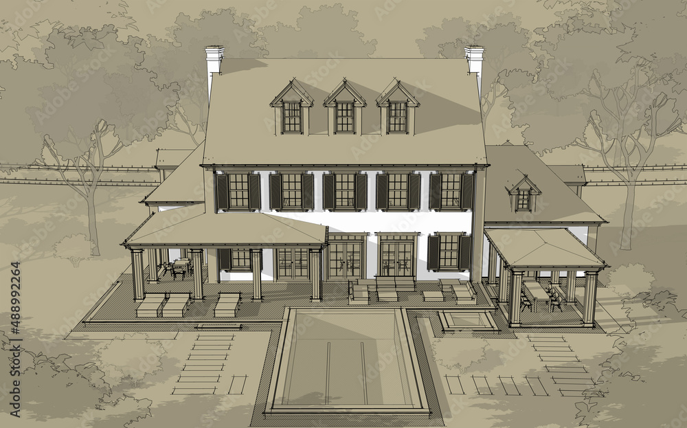 3d rendering of modern cozy classic house in colonial style with garage ...