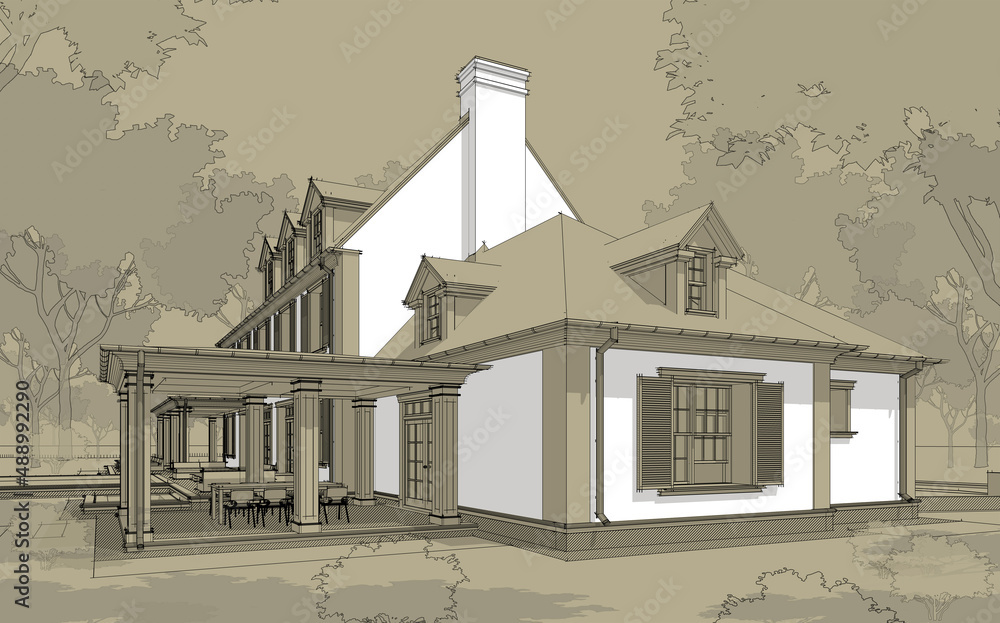 3d rendering of modern cozy classic house in colonial style with garage ...
