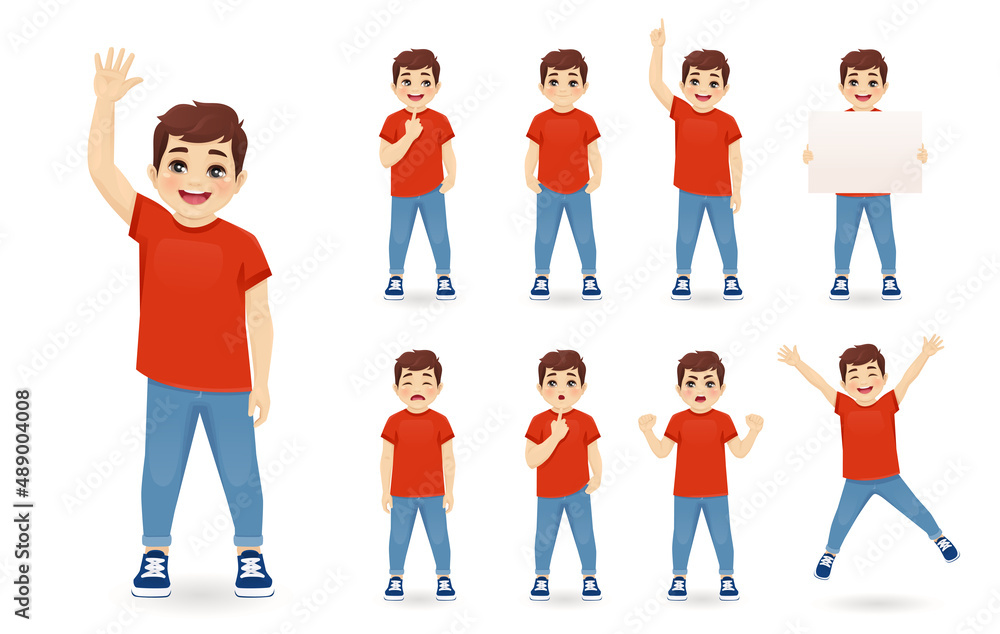 Smiling cute little boy in different poses set. Various kid gestures ...