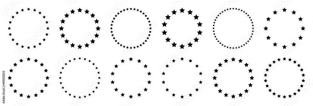 Stars of various sizes arranged in a circle. Round frame, border. Black ...