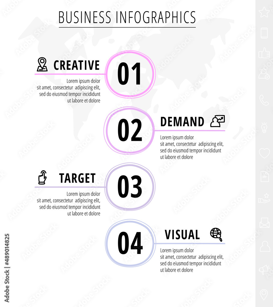 Line vector infographics with four circles. Modern concept 4 icons with ...