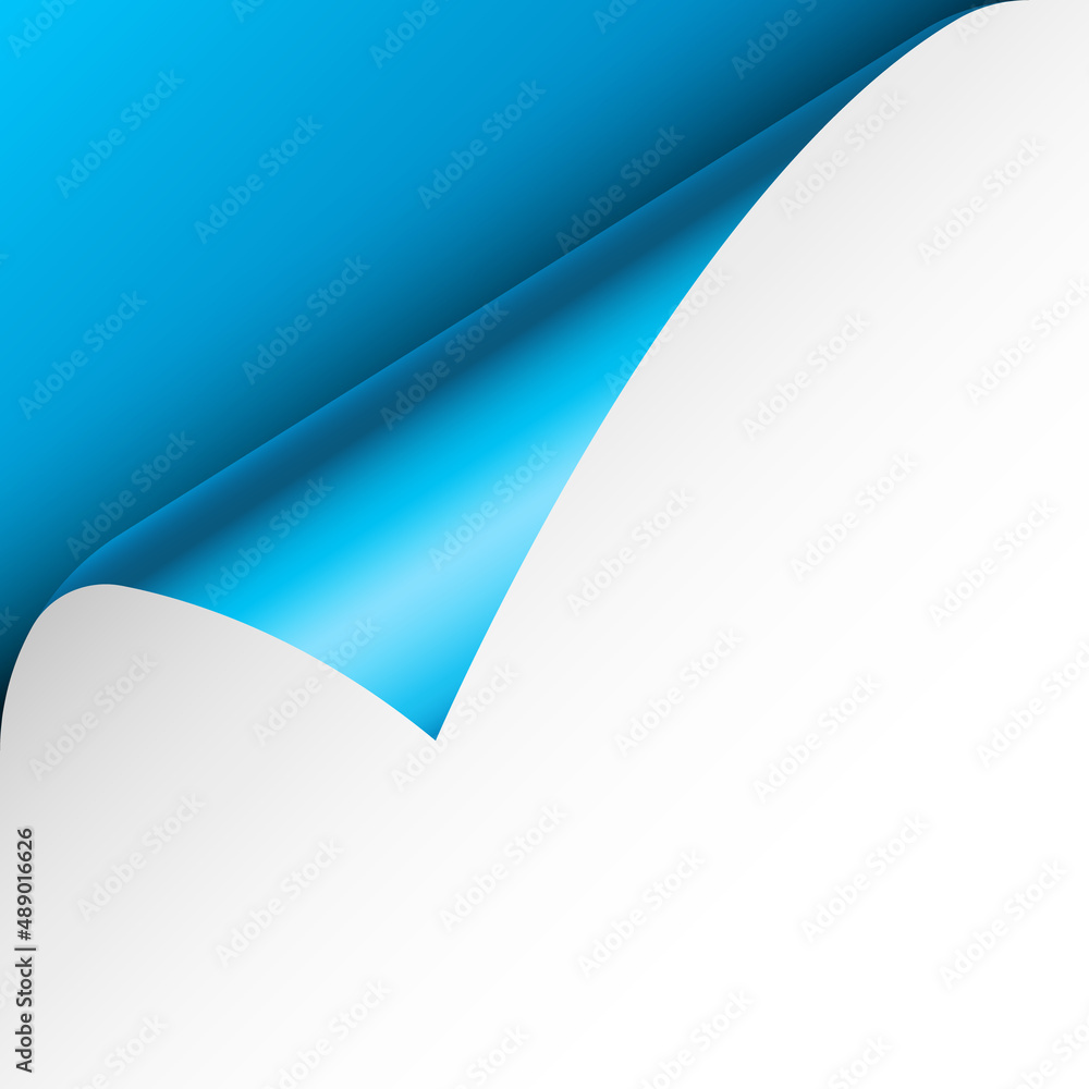 Blue paper curl. Curled page corner with shadow. Blank sheet of paper ...