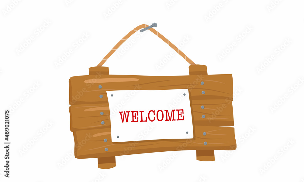 Welcome wooden sign board with texture in cartoon style. Opening hours ...