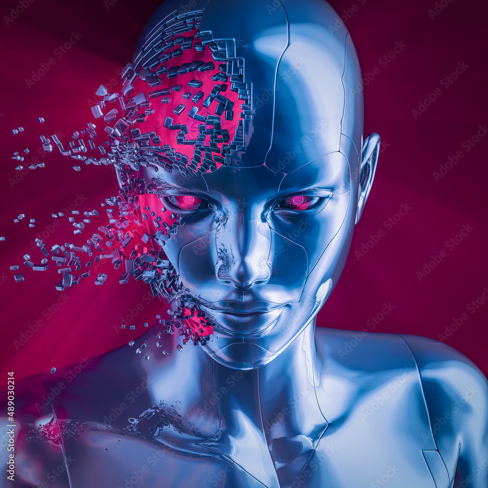 Female artificial intelligence shatter - 3D illustration of beautiful ...