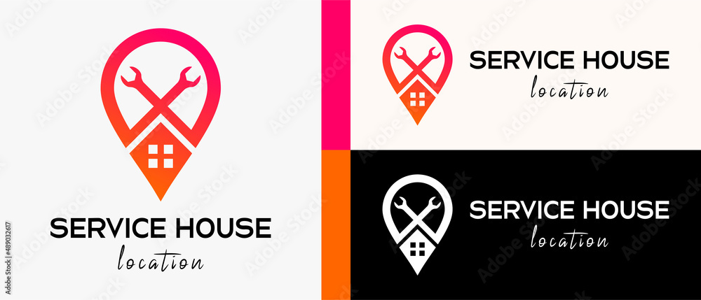 service house location logo design template with spanner concept in pin ...