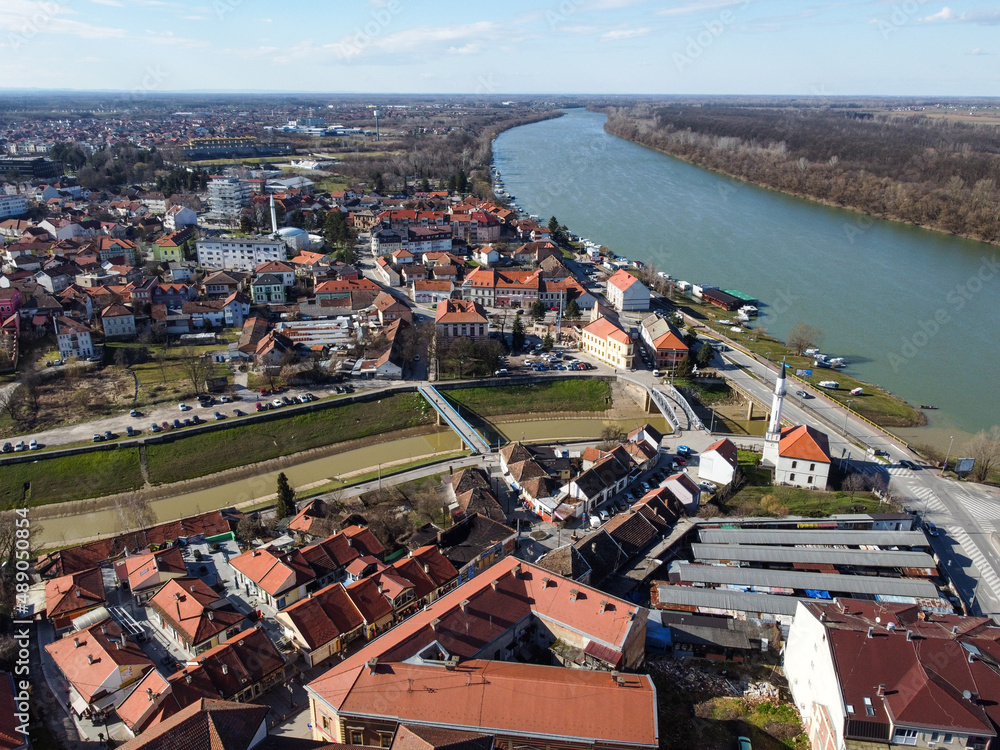 Aerial drone view of Brcko. Brčko is a town in northern Bosnia and ...