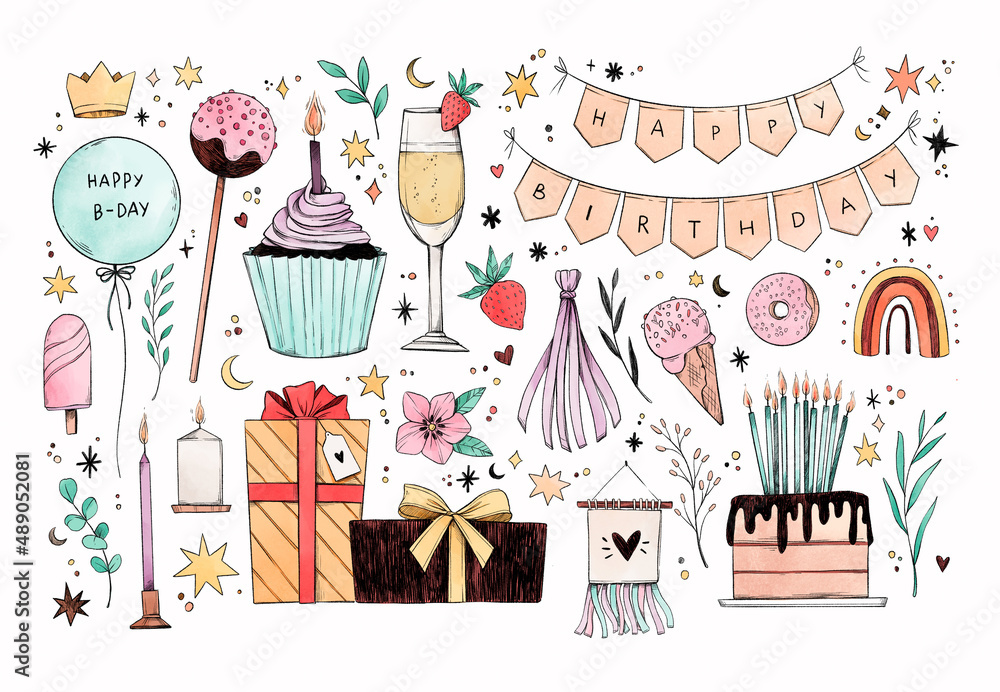 Hand drawn pencil and watercolor illustrations - happy birthday ...