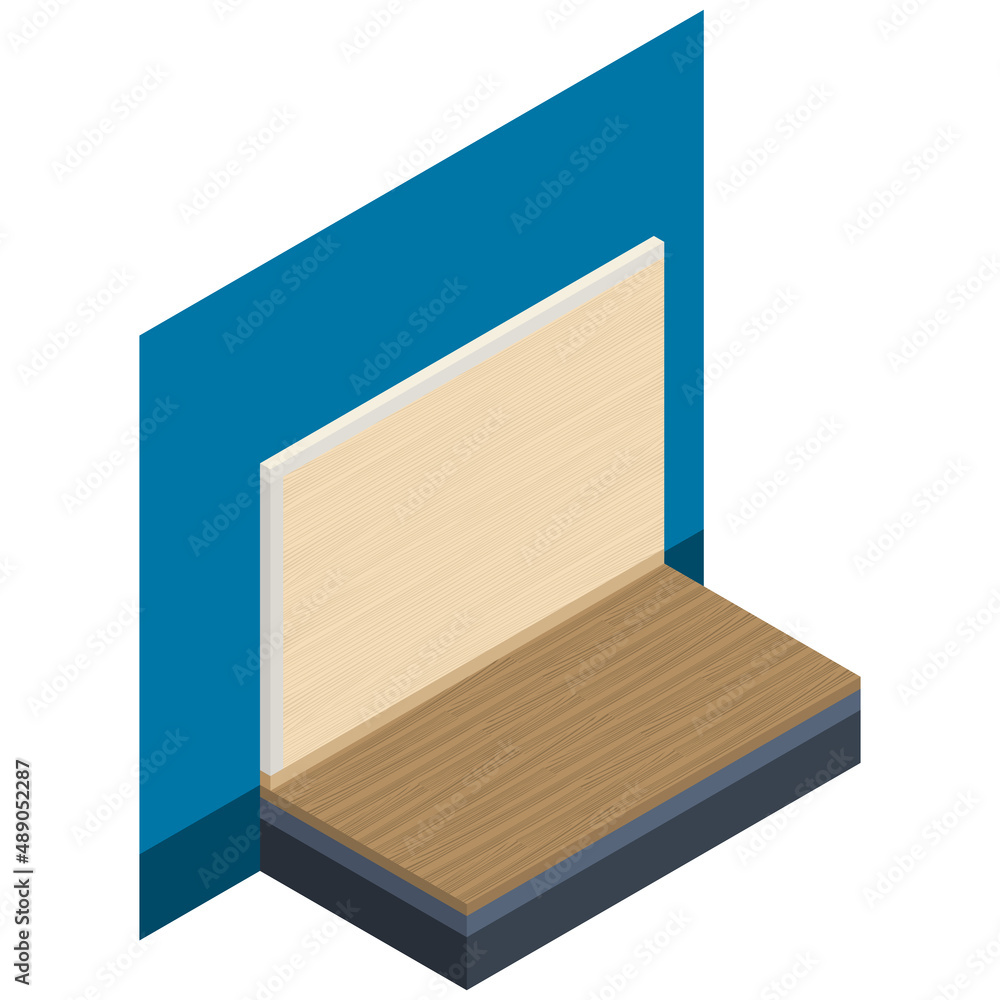 Realistic representation of wooden flooring and wall, isometric view ...