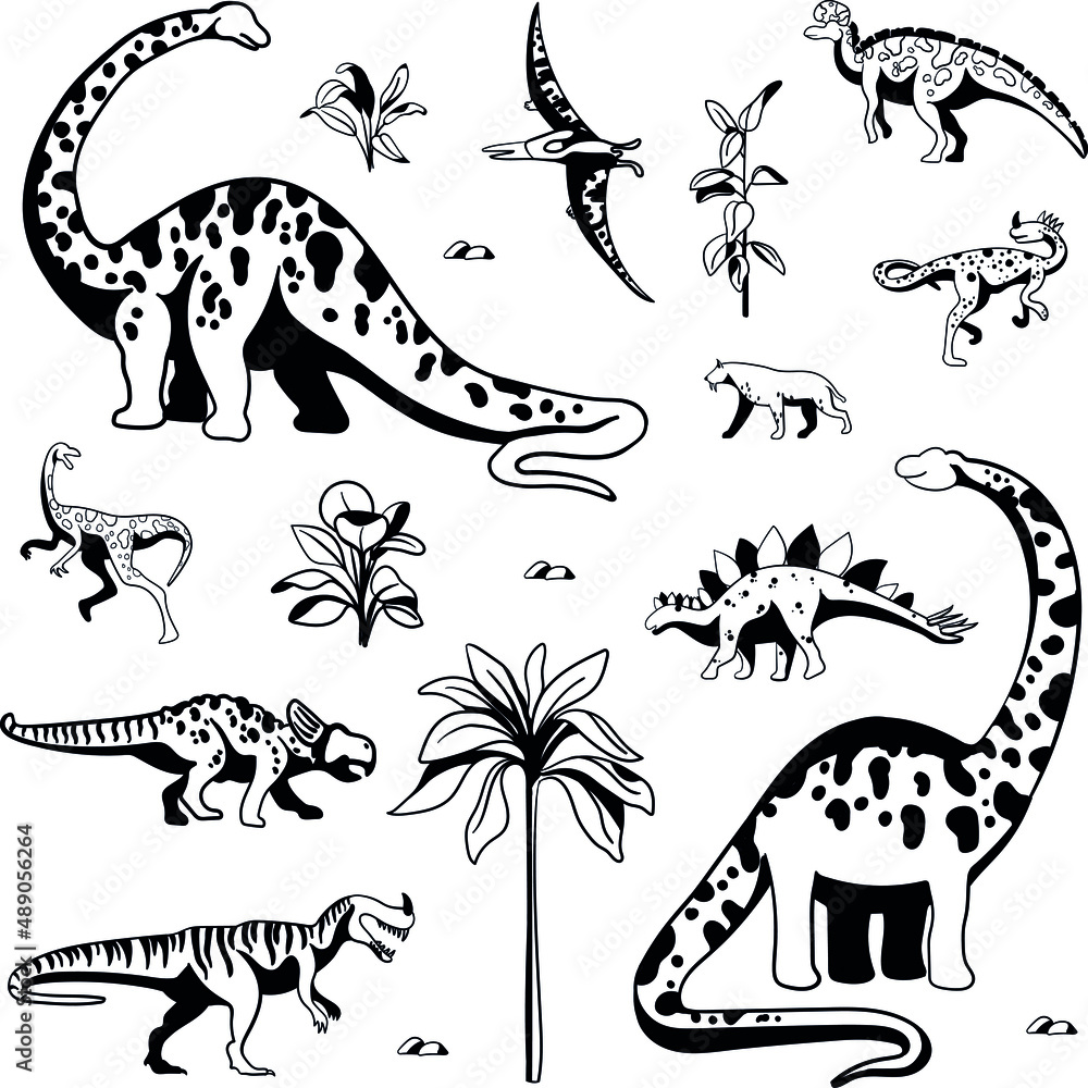 Vector illustration of black and white dinosaur outline drawing set ...