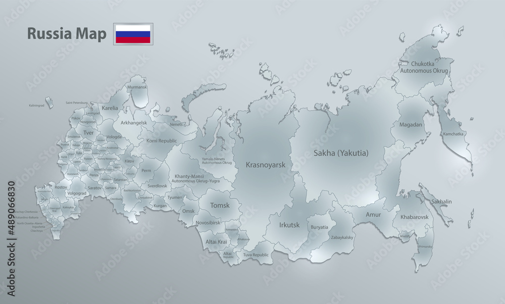Russia map and flag, administrative division individual regions and ...