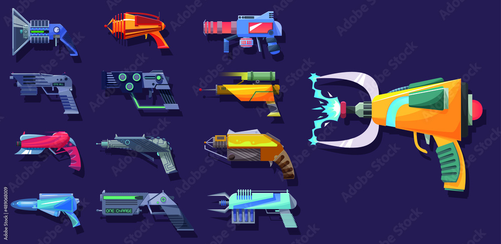 Vector cartoon illustration set with many blaster weapons, space ...