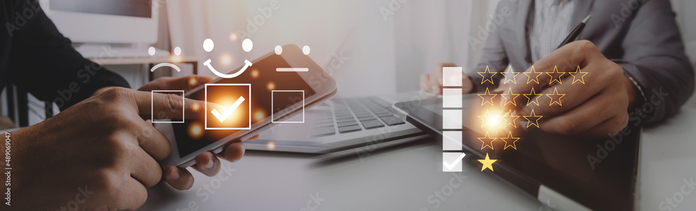 Customer service evaluation concept. Businessman pressing face smile ...