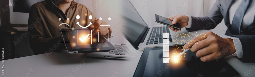 Customer service evaluation concept. Businessman pressing face smile ...