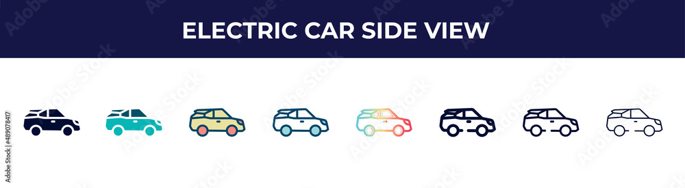 electric car side view icon in 8 styles. line, filled, glyph, thin ...