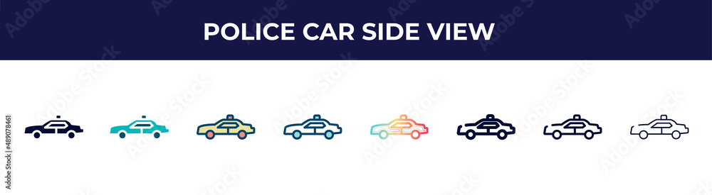 police car side view icon in 8 styles. line, filled, glyph, thin ...