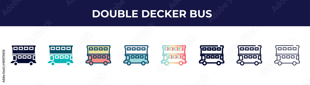 double decker bus icon in 8 styles. line, filled, glyph, thin outline, colorful, stroke and ...