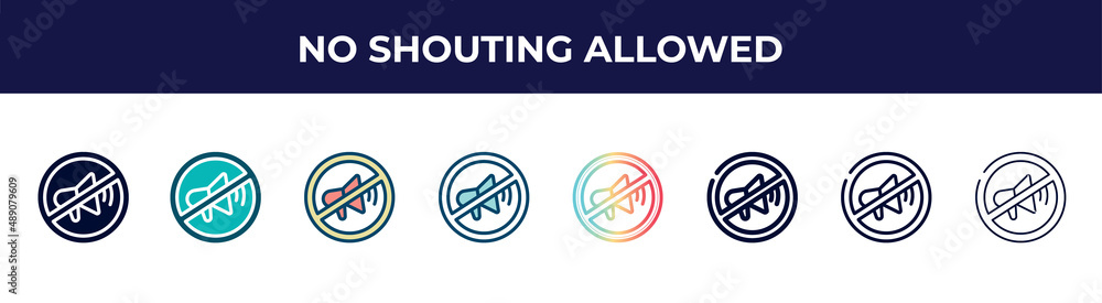 no shouting allowed icon in 8 styles. line, filled, glyph, thin outline, colorful, stroke and ...