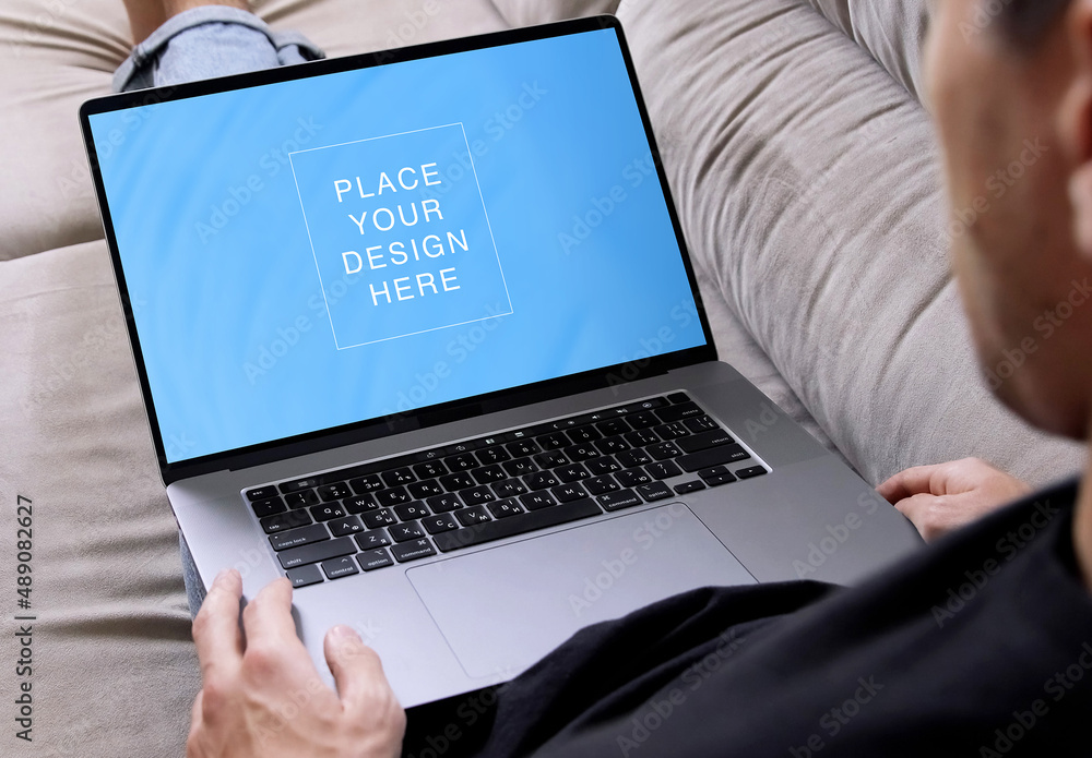 Man Working on Laptop at Home Mockup Stock Template | Adobe Stock